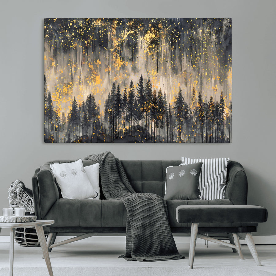 Golden Forest Abstract Wall Art | Dark Forest with Gold Splatter Accen ...